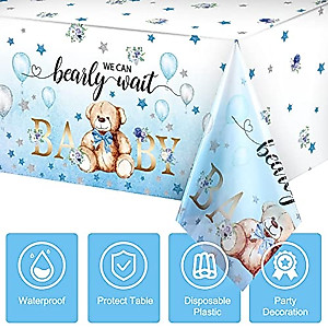 Bear Baby Shower Tablecloth Plastic Bear Table Cover We Can Bearly Wait Baby Tablecloth Bear Balloon Star Flower Table Cover for Kids Birthday Party and Baby Shower, 54 x 108 Inch (Blue,3 Pack)
