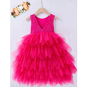 Cilucu Flower Girls Dress Kids Long Tiered Tulle Dresses Little Girls Birthday Party Ball Gown Baby Girls Princess Banquet Pageant Outfits Children Summer Boho Dress Hot Pink Size 3-4T
