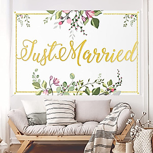 Just Married Backdrop Banner White Floral Wedding Engagement Bridal Shower Theme Party Decorations Photography Background Supplies for Women Men