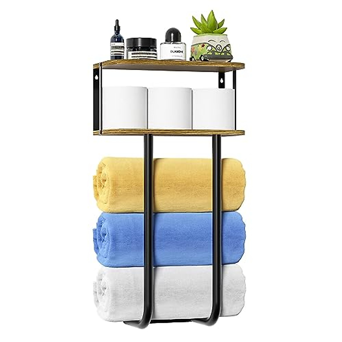 HomeDePal Towel Racks for Bathroom with 2-Tier Wood Shelf, Bathroom Shelves Wall Mounted with Bath Towel Storage, Towel Holder for Bathroom Wall, Floating Shelves Over Toilet, Bathroom Wall Organizer