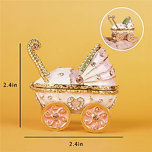 YU FENG 2.5'' Baby Pink Carriage Stroller Shaped Jewelry Trinket Boxes Hinged,Hand-painted Enameled Decorative Box Jewelry Ring Holder Organizers For Women,Girls