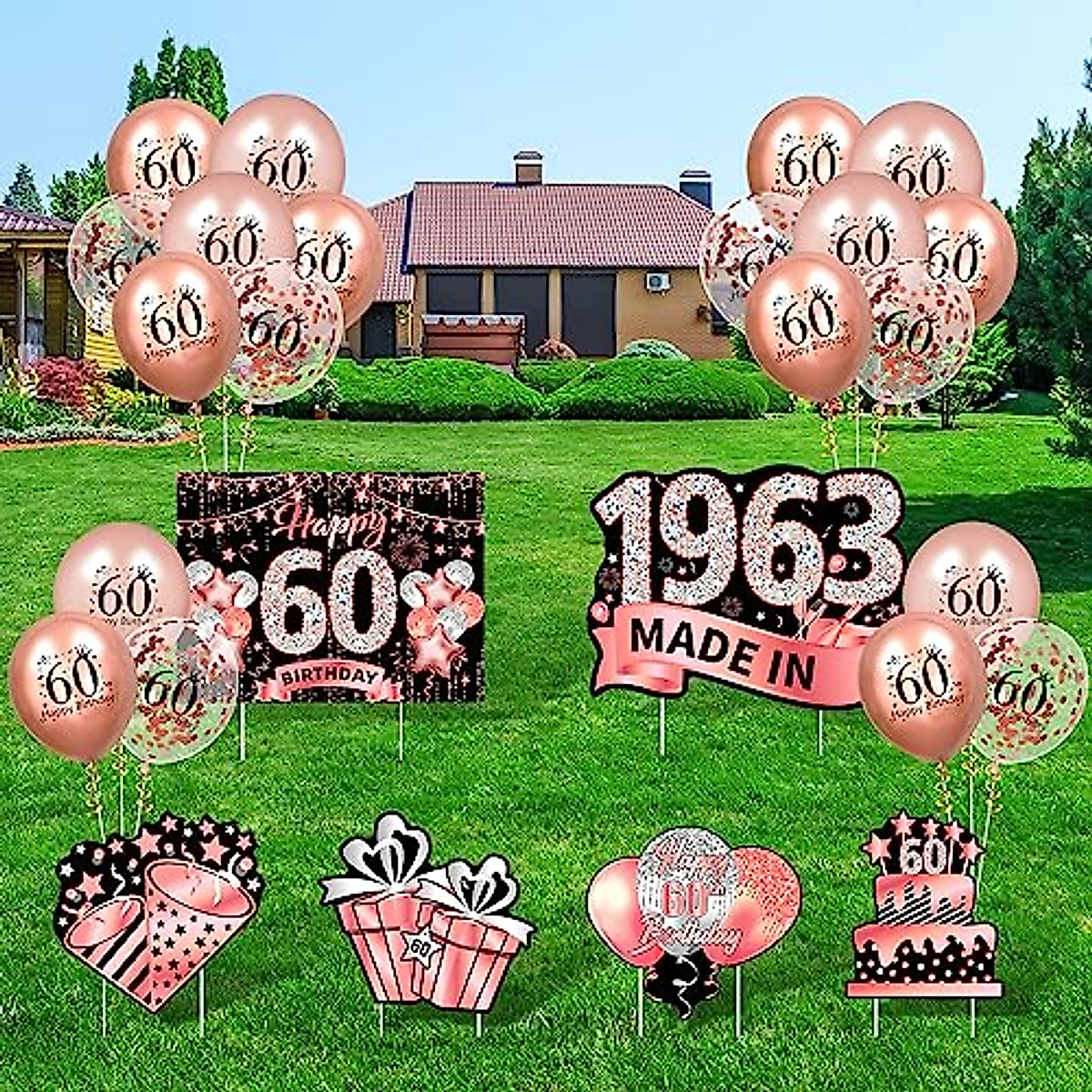 Rose Gold 60th Birthday Decorations for Women 6Pcs 60th Birthday Yard Signs Made in 1963 Lawn Sign & 18Pcs Rose Gold 60th Birthday Balloons for 60 Years Old Party Anniversary Outdoor Decor Supplies
