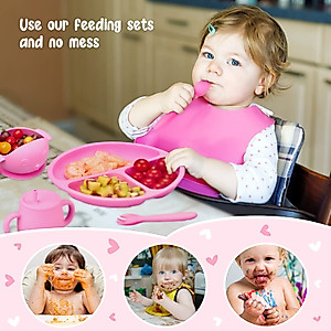 Cibeat Baby Feeding Utensils Set, 7 Pcs Silicone Toddler Eating Supplies - Adjustable Bibs, Suction Divided Plate, Placemat, Suction Bowls, Straw Sippy Cup, Etc - Baby Led Weaning Supplies