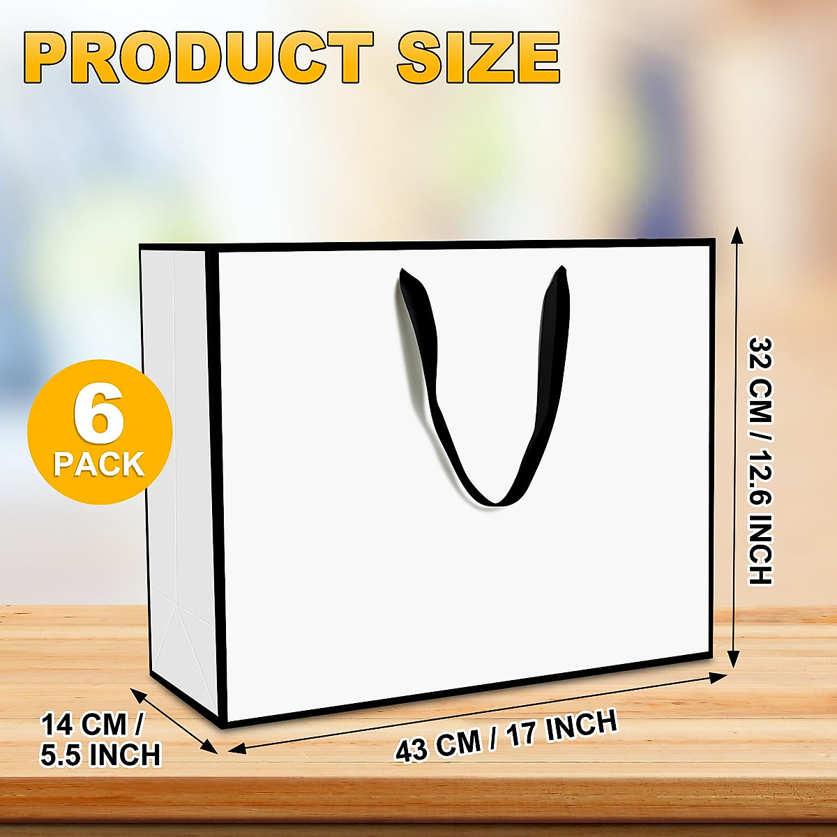 Xloey White and Black Gift Bags,6Pcs 17"x5.5"x12.6" Large Gift Bags with Handles,Kraft Paper Shopping Bags with Ribbon Handles,Gift Wrap Bags for Wedding,Birthday,Christmas,Anniversary