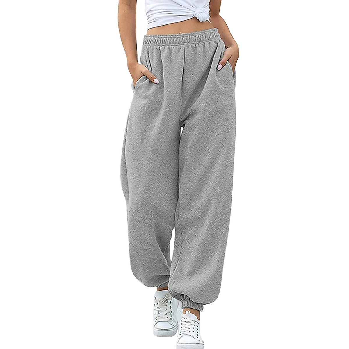 Sweatpants for Teen Girls,Women's High Waisted Joggers Summer Workout Baggy Yoga Pants Cinch Bottom Trousers (Grey#2, S)