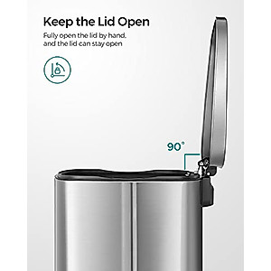 SONGMICS 13 Gallon Trash Can, Stainless Steel Kitchen Garbage Can, Recycling or Waste Bin, Soft Close, Step-On Pedal, Removable Inner Bucket, Silver ULTB050E01