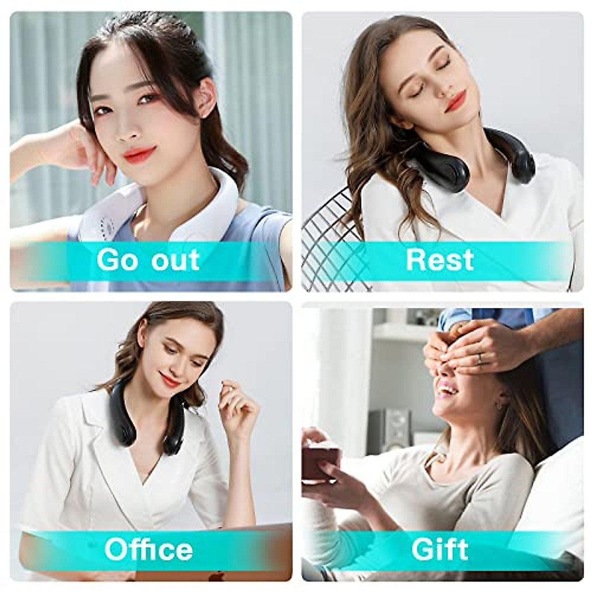 Neck fans portable rechargeable 2400mAh cufun portable neck fan 360° Surround Wind ventilador de cuello portatil 3 wind speeds bladeless rechargeable fan Gifts Outdoor Sports construction worker Black