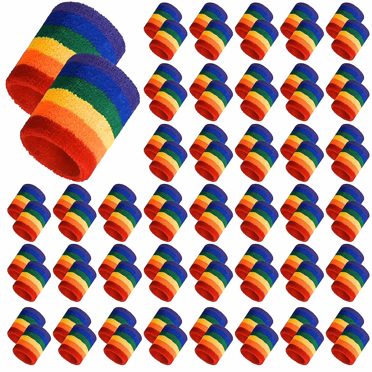 100 Pieces Rainbow Striped Wrist Sweatbands Bulk Gay Pride Athletic Cotton Sweatband Terry Cloth Wristbands for Men Women Birthday Halloween Rainbow Festival Party Parades Sports