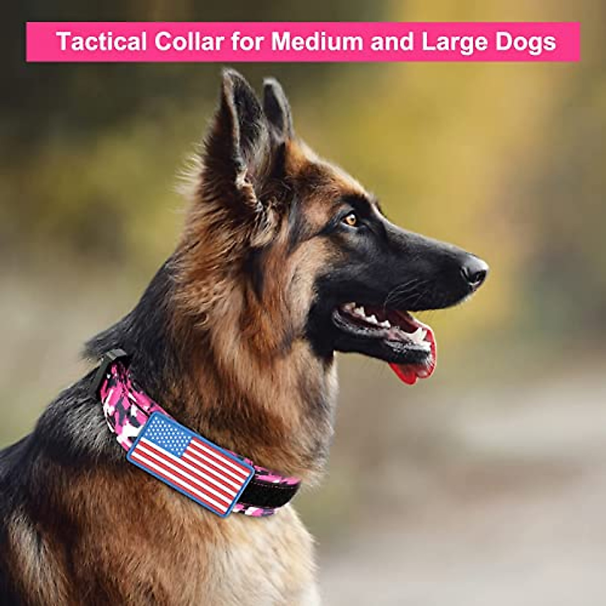 Tactical Dog Collar for Medium Large Dogs, WANYANG Military Dog Collar with Quick Release Metal Buckle K9 Dog Training Working, Adjustable Nylon Collars with Handle, Pink Camo