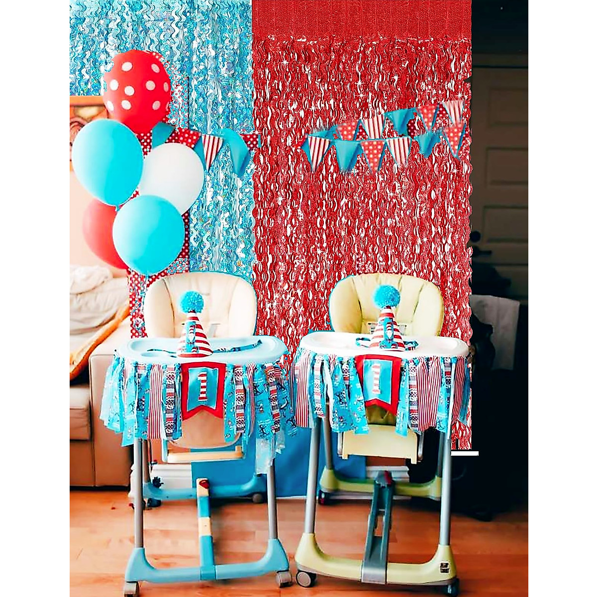 Cat in The Hat Birthday Decorations/Thing 1 and Thing 2 Baby Shower Decorations/Baby Shower/Party Decorations/Red Blue Wavy Fringe Foil Curtains Backdrop Nurse Graduation