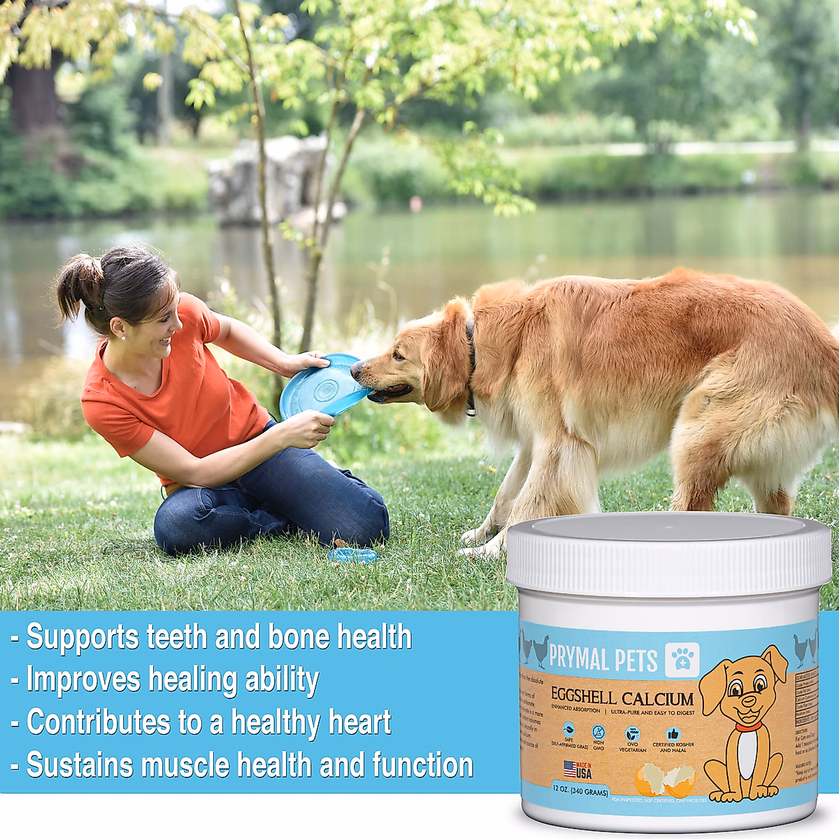 Prymal Pets Eggshell Calcium for Pets - 12 oz. Natural, Ultra-Pure Egg Shell Mineral Powder Supplement for Cats and Dogs - High Absorption, Helps Support Bone, Joint, Teeth, Heart, Immune Health