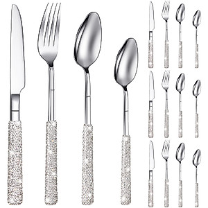 Bling Silverware Set Stainless Steel Rhinestones Knife Fork and Spoon Set Glitter Travel Cutlery Flatware Dinnerware Utensils Tableware Sets for Wedding Birthday Party Gift Silver