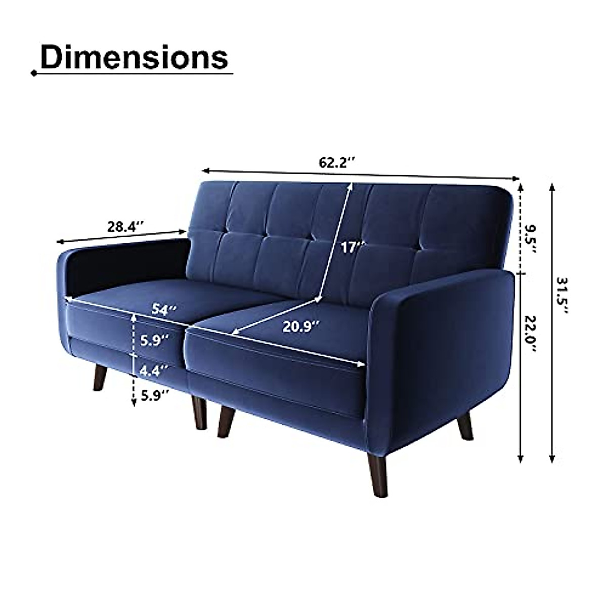 HONBAY Upholstered Loveseat Blue Velvet 2 Seater Sofa Loveseat with Tufted Back, Living Room, Apartment, Office, 62.2''