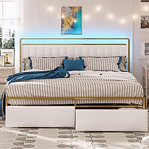 LIKIMIO King Bed Frame with Armrests Headboard, Drawer, RGB Light, Modern Upholstered Bed Platform, No Box Spring Needed Easy Assembly, Gold and White
