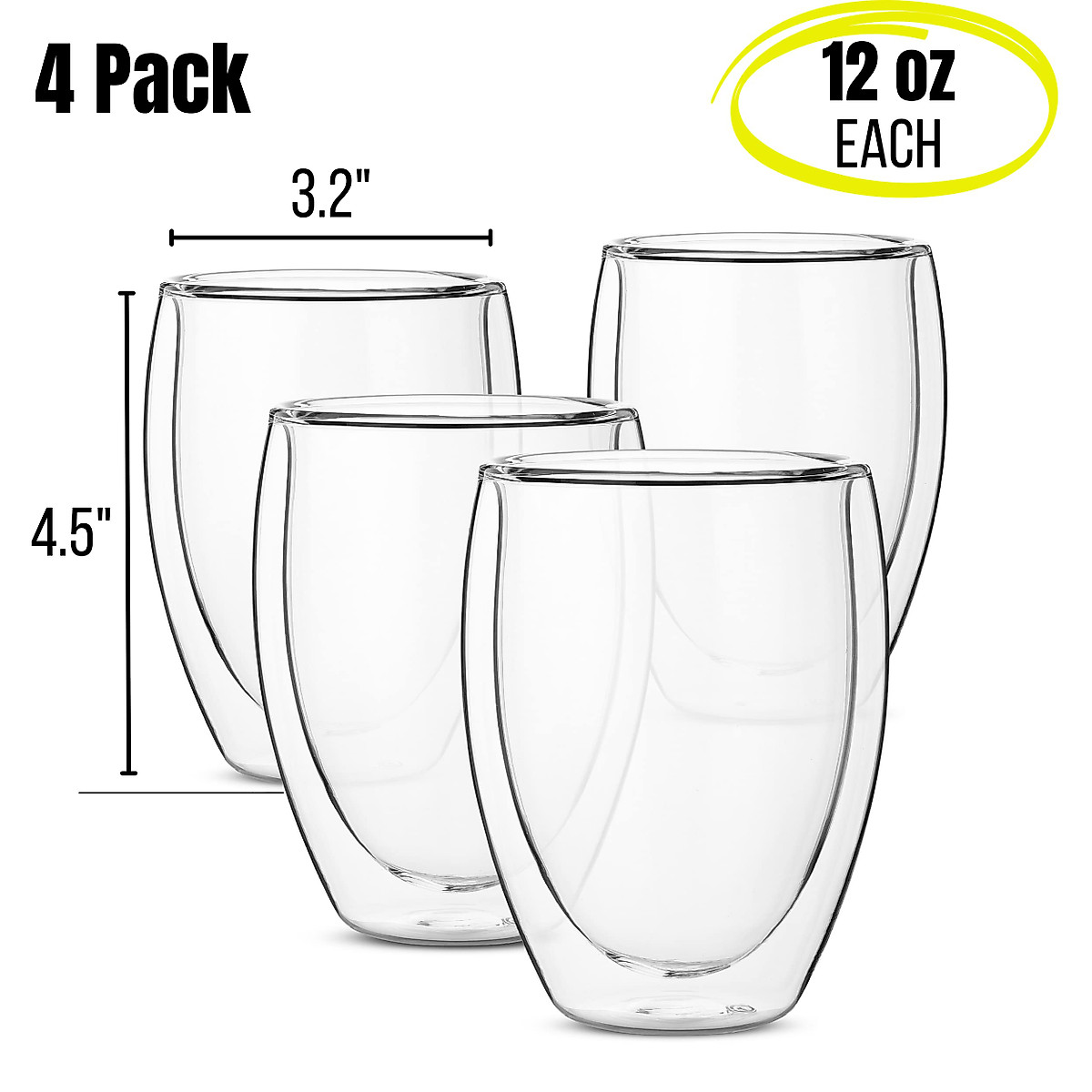 BTaT- WineGlass, 4 Pack, 12 oz (350 ml), Double Wall Insulated, Double Wall Glass Cup, Stemless Wine Glass, Glasses for Wine, Wine Glasses Stemless, Stemless Wine Glass Set, Short Wine Glasses