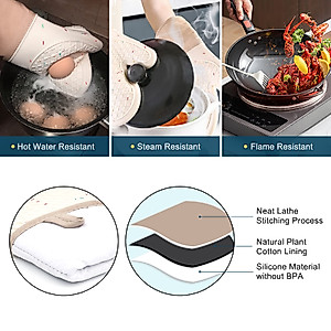 Silicone Oven Mitts and Pot Holders Sets, Heat Resistant Extra Long Silicone Oven Mittens with Hot Pads, Double Layer High Temperature Resistant Hot Pads and Oven Mitts Sets for Cooking, Grilling-Beig