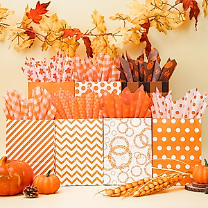 Larcenciel 70 Sheets Fall Tissue Paper, Orange Gift Tissue Paper Bulk for Gift Bags & Gifts Wrapping - Pumpkin Leaves Patterns, Gift Wrap for Autumn Harvest Thanksgiving Halloween Party DIY,19.7x13.8