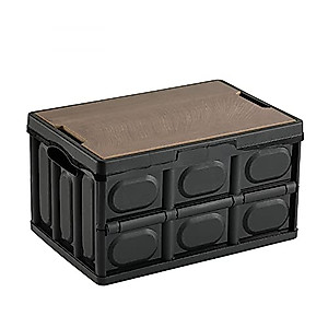 Outdoor Camping Storage Box Folding Box Camping Sorting Box car Trunk Storage Box Wooden Cover Clothes Storage Box-Black Wooden Cover||55L(52 * 36 * 29.5cm)