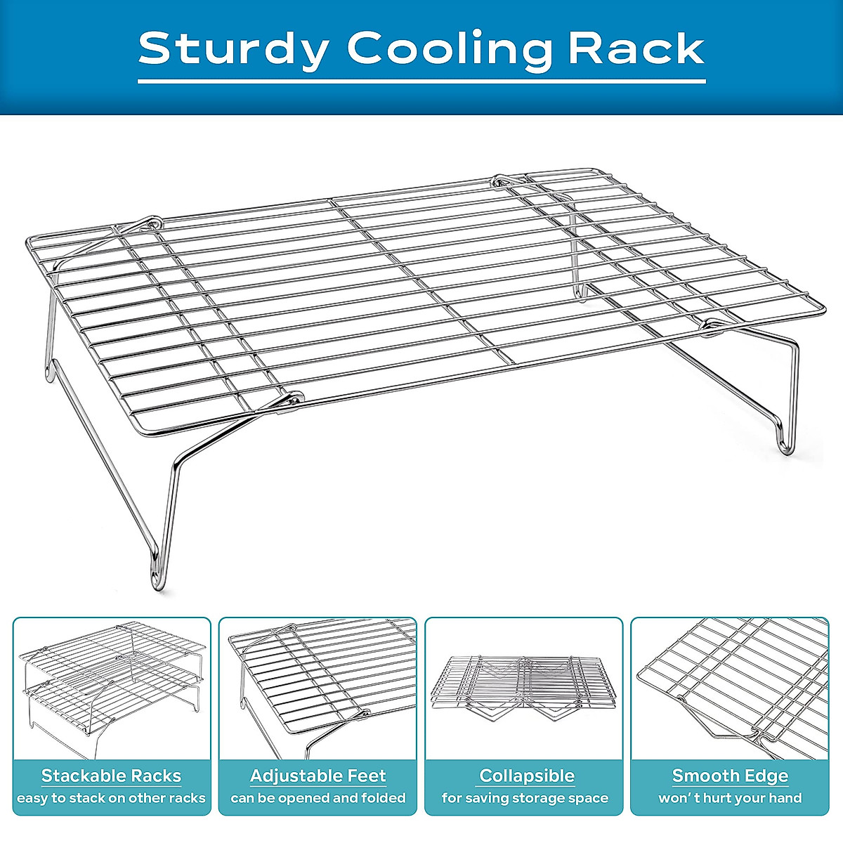 Leonyo Cooling Baking Rack 5-Tier Stackable Stainless Steel Wire Baking Cooking Racks Set for Cookie, Pizza, Cup Cake, Raised & Folding Feet, Oven Safe & Dishwasher Safe, Rust-Resistant - 15’’ x 10’’