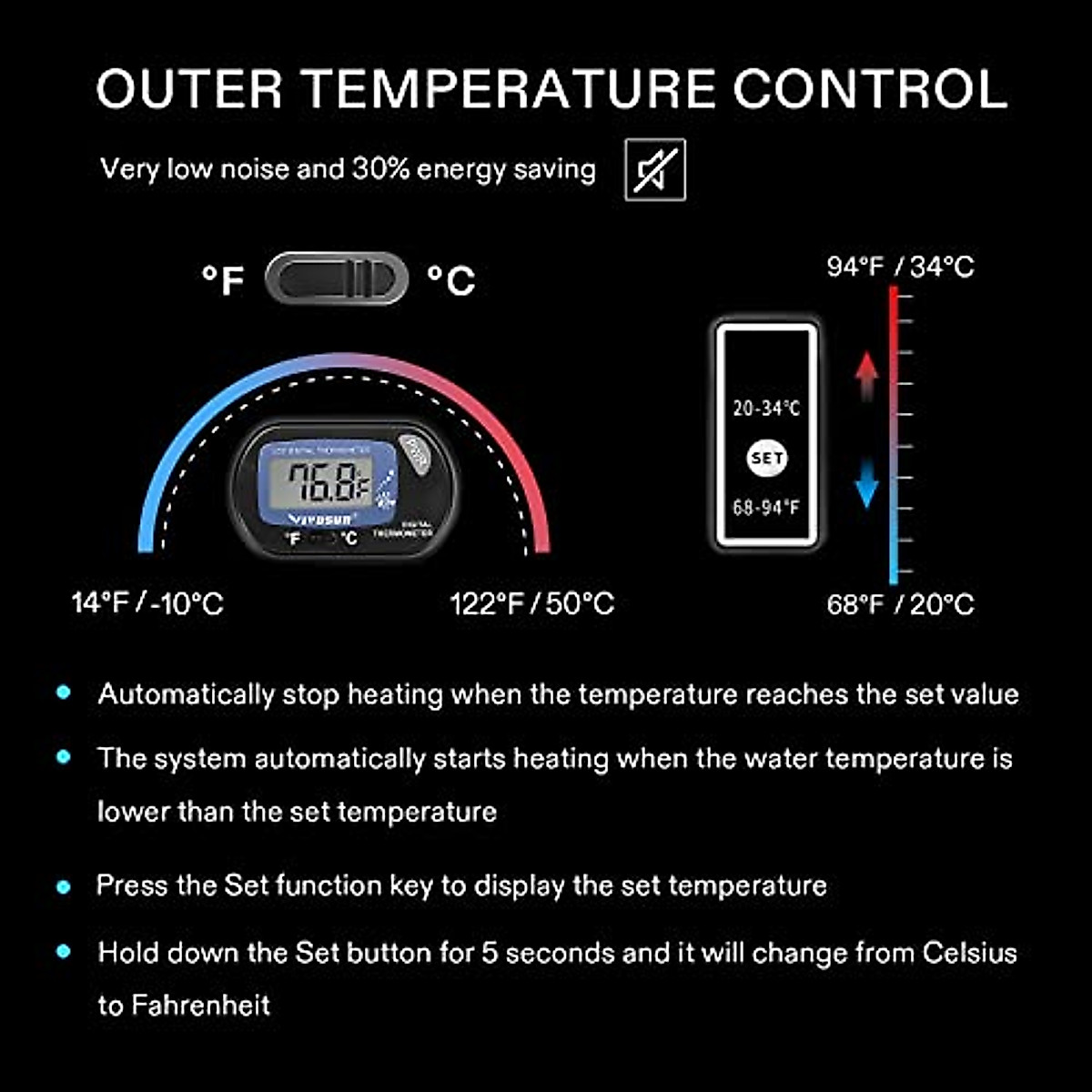 VIVOSUN Submersible Aquarium Heater with Thermometer Combination, 300W Titanium Fish Tank Heaters with Intelligent LED Temperature Display and External Temperature Controller
