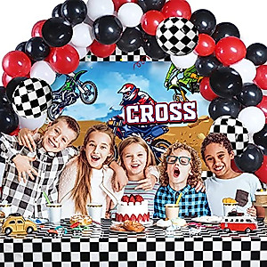 72 Pieces Motorcycle Party Decorations Dirt bike Motocross Backdrop Black And White Checkerboard Tablecloth with Balloons Extreme Motorcycle Theme Decor Set for Boy Girl Birthday Party Supplies
