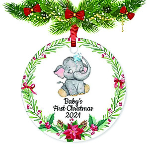 ArogGeld Baby First Christmas Ornament 2021 Elephant Baby 1st Ceramic My Personalized Ornaments for Boy Girl Newborn New Parents Multicolor 3x3