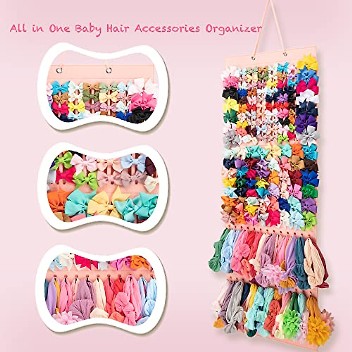 HUHYNN Headband and Hair Bow Holder for Baby Girl, Hanging Newborn Headband Organizer with 52 Hooks for Wall, Room, Door or Closet (Pink)