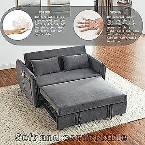 Mbolyeer 54" Modern Convertible Sleeper Sofa Bed, Velvet Loveseat Sofa Couch w/Pull-Out Bed, Seat with Adjustable Backrest, Lumbar Pillows, and Living Room Side Pockets, Gray