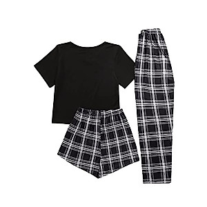 SweatyRocks Women's 3 Piece Plaid Pajama Letter Print Short Sleeve Tee and Shorts Pants Set Black M