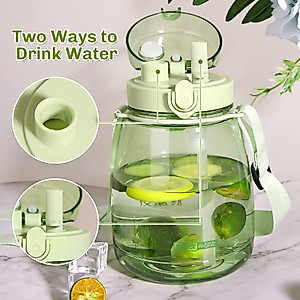 MOIOIBE Water Bottle with Straw 45oz Green Water Jug Aesthetic Big Belly Water Bottles with Straw for Women Kawaii Water Bottles with Strap Unique Kids Water Bottle