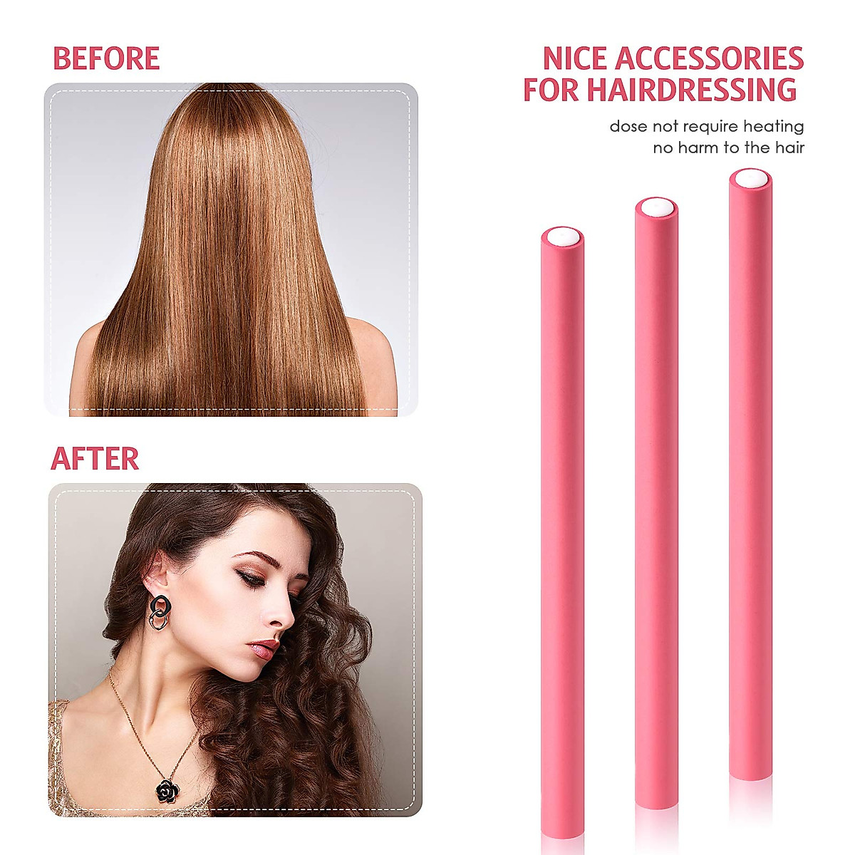 60 Flexi Rods Hair Curlers Set for Women & Girls - Flexible No Heat Rollers for Long and Short Hair, Twist Curls (Pink, 0.3 x 7 Inch)