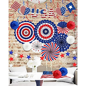 26 Pcs 4th of July Decorations Outdoor, Patriotic Decorations LOVE USA Banner Red White Blue Paper Fans Hanging Swirls Pompoms Independence Day Decor for Veterans Day, Memorial Day, Fourth of July