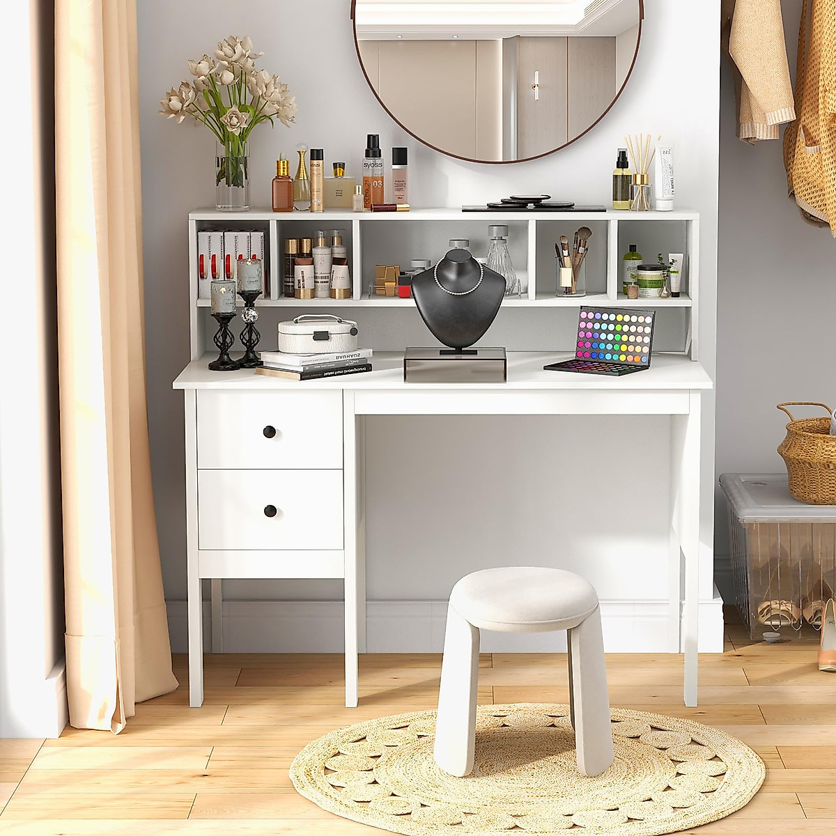 GLOBALWAY48” Computer Desk, Study Writing Desk with 5-Cube Hutch, 2 Drawers & Charging Station, Home Office Workstation for Living Room, Study & Bedroom, White