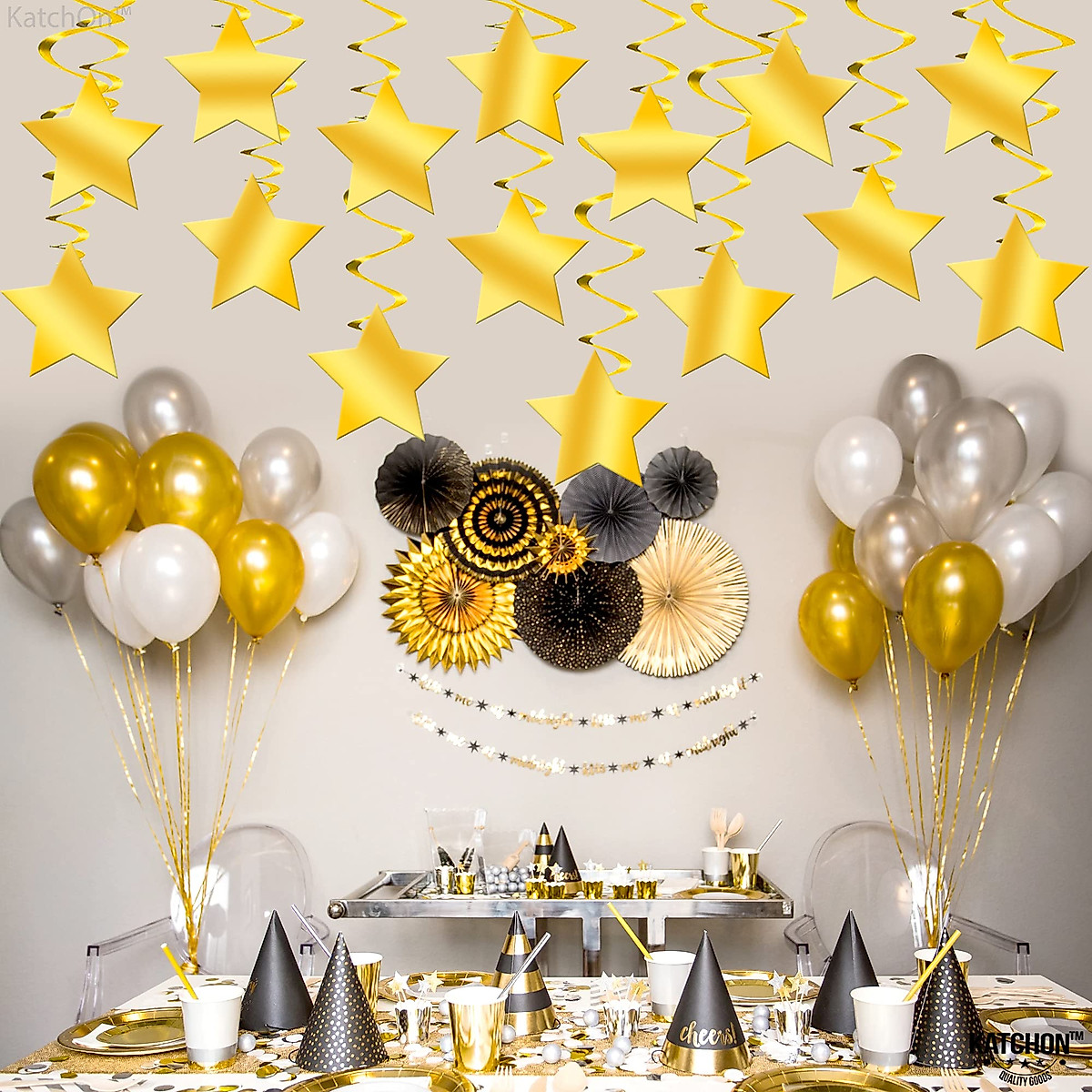 Shiny Gold Star Hanging Swirls - Pack of 30, No DIY | Oscar Party Decorations | Gold Star Decorations for Party | Golden Birthday Decor | Gold Star Party Decorations | Hollywood Party Decorations