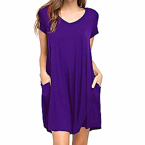 Shakumy Women Casual Plain Simple Loose T Shirts Dress Summer Short Sleeve Tunic Tops Dress Pockets V Neck Swing Dress