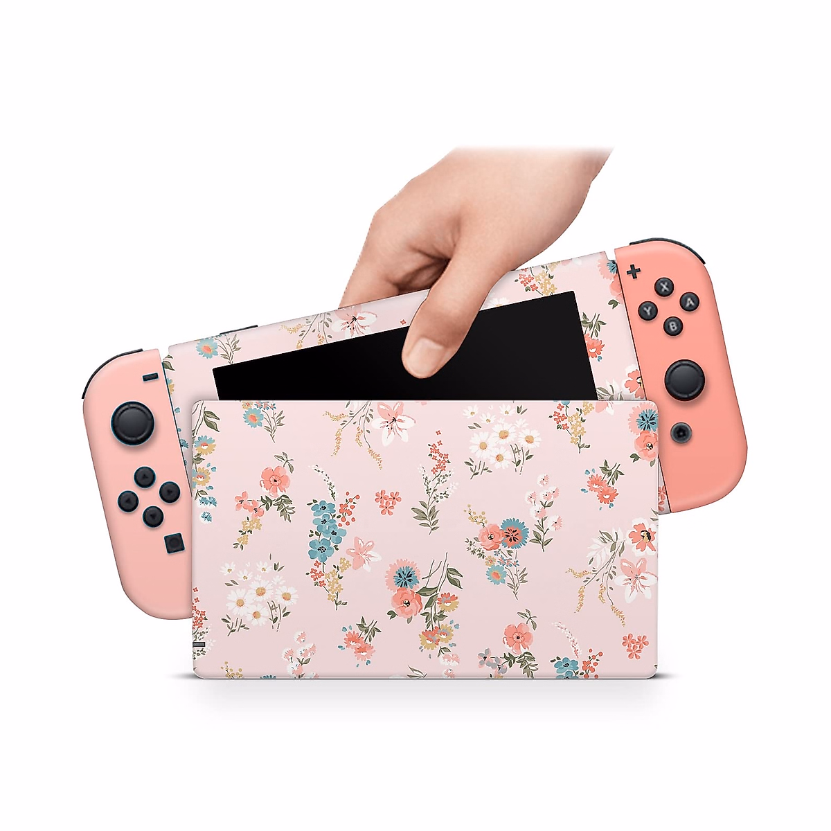 ZOOMHITSKINS Compatible with Switch Skin Cover Spring Flower Pink Vintage Fancy Daisy Pastel Vinyl Decal Sticker Wrap, Made in The USA