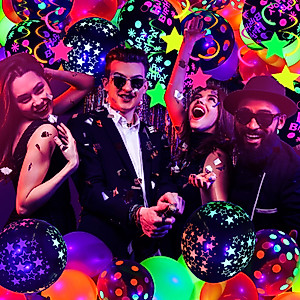 Jetec 71 Pcs Neon Birthday Party Supplies Include Clear Glow in the Dark Balloons, UV Neon Balloons, Neon Star Hanging Swirls, Happy Birthday Banner for Glow Birthday Party UV Neon Party