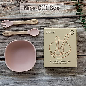 Ginbear Suction Bowls for Baby Girl, Baby Led Weaning Spoon and Fork, Baby Dishes and Utensils Set for Toddlers, Silicone Baby Feeding Set 6-12 Months (Baby Pink)