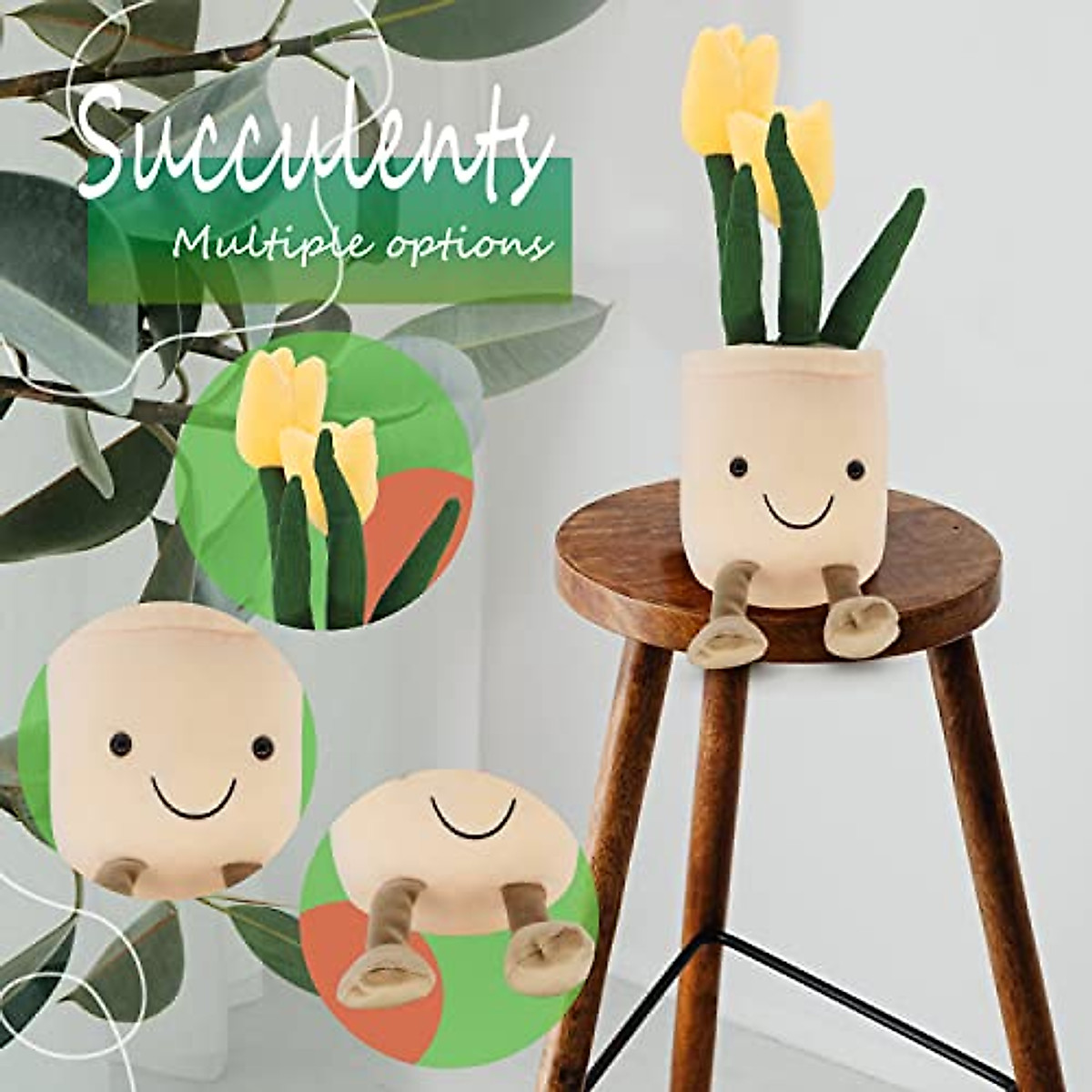RELIGES Succulents Plush Toy, Cute Stuffed Potted Plants Plush Doll, Gifts Toy for Kids Boys (Tulip - Yellow)