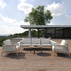 Acanva Modern All-Weather Aluminum Outdoor Patio Sofa with Thick Cushions, Olefin Fabric Sunroom Backyard Furniture, Light Khaki, Loveseat