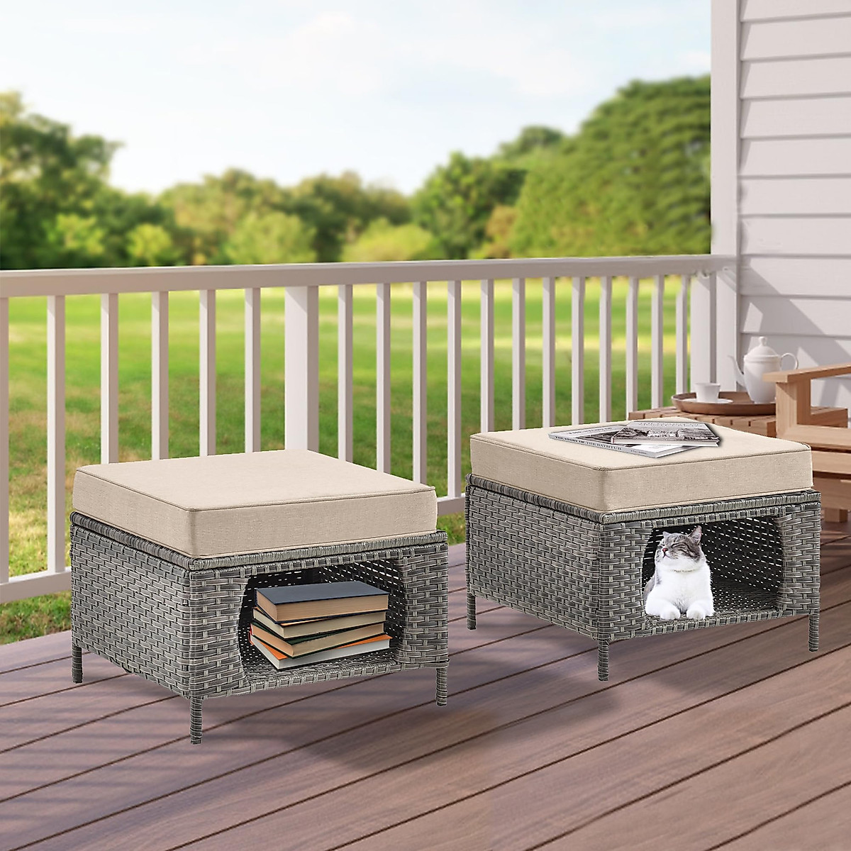 kuurfuurdo 2 Piece Storage Ottomans, Wicker Ottomans Outdoor Furniture for Patio, Backyard, Additional Seating, Footrest, Side Table with Storage, Removable Cushions