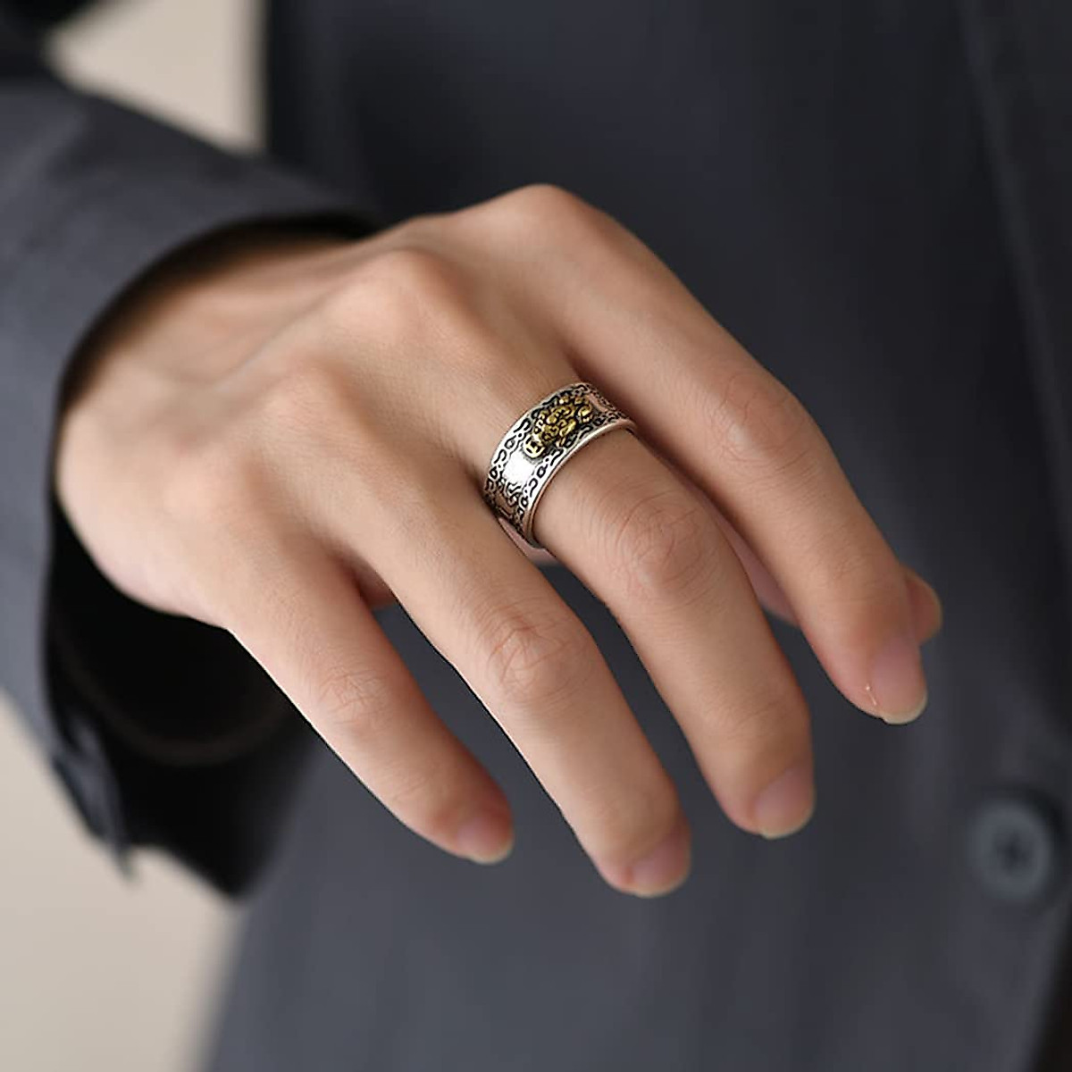 Feng Shui Pixiu Mantra Ring Buddhist Vintage Ring Adjustable Good Luck Amulet Mantra Double Protection Wealth Love Health Ring Gift for Men Women (A)