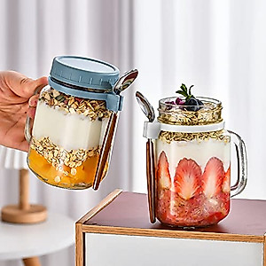 Neegaurd 2 Pack Overnight Oats Containers with Lid and Spoon, 16 Oz Large Glass Overnight Oats Jars with Portable Handle, Reusable Airtight Glass Oatmeal Cups for Cereal Yogurt and Parfait
