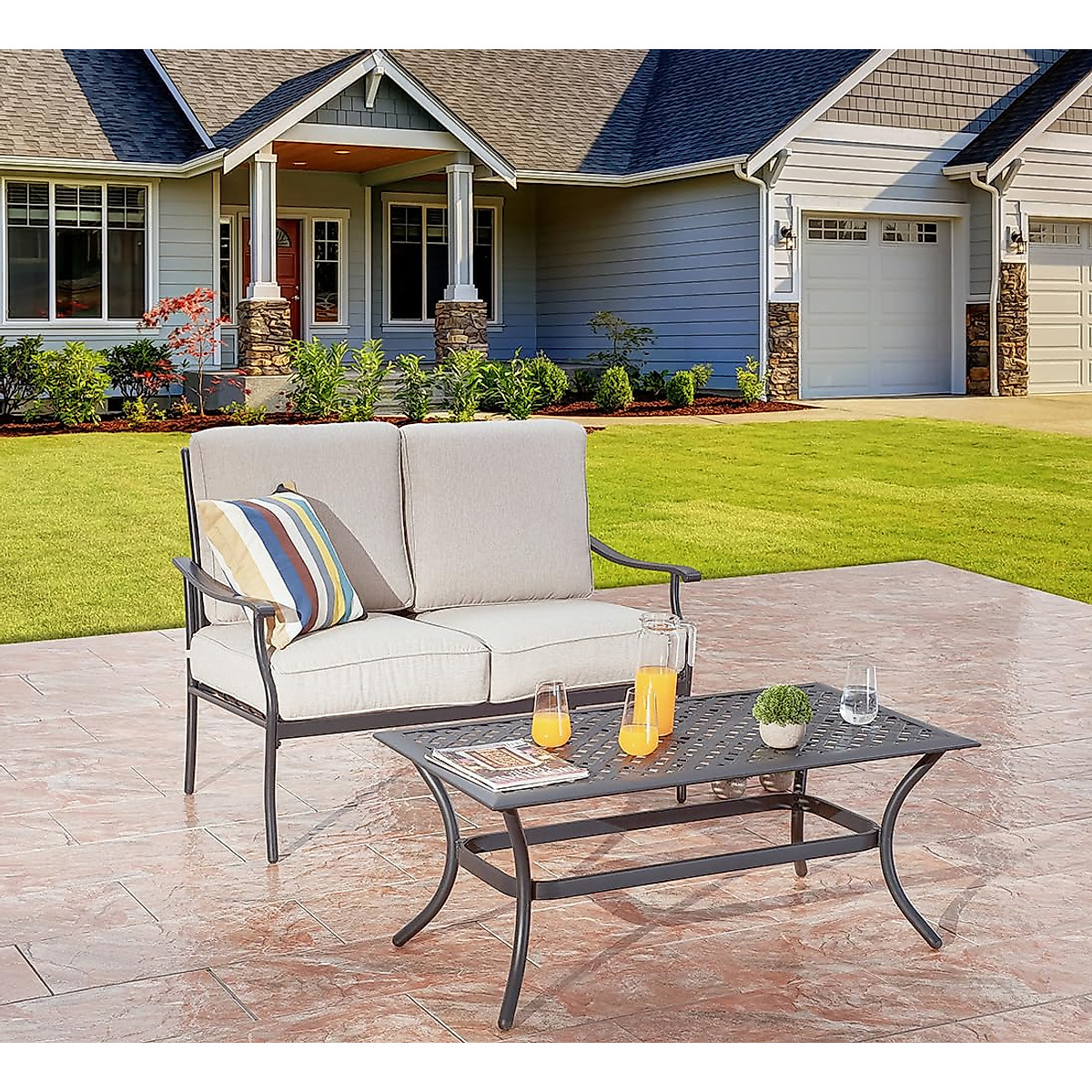 ARTLOFT Patio Loveseat with Coffee Table Outdoor Conversation Loveseat Porch Furniture Set Sofa for Balcony, Backyard, and Deck with Soft Cushions and Metal Table (White)