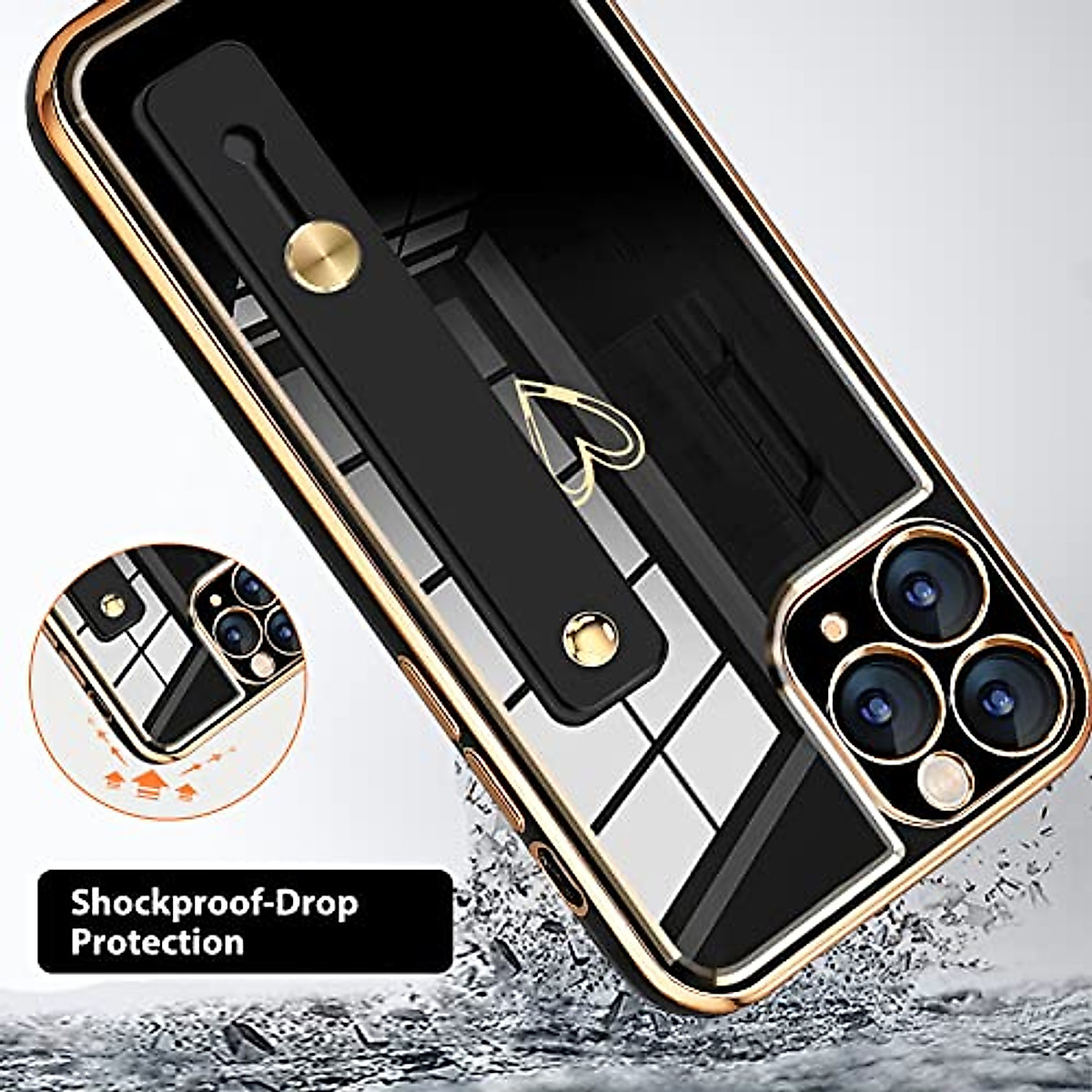 KANGHAR Designed for iPhone 11 Pro Max Case with Wrist Strap Loop Luxury Love Heart Plating Gold Bumper Phone Cover Wristband Kickstand Full Body Protective Slim Case for Women-Black