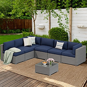 SUNCROWN Outdoor 14-Piece Replacement Cushions for Patio Furniture, Water-Resistant Cushion for 6-seat Patio Sectional Conversation Set, Liner&Cover(Dark Blue)