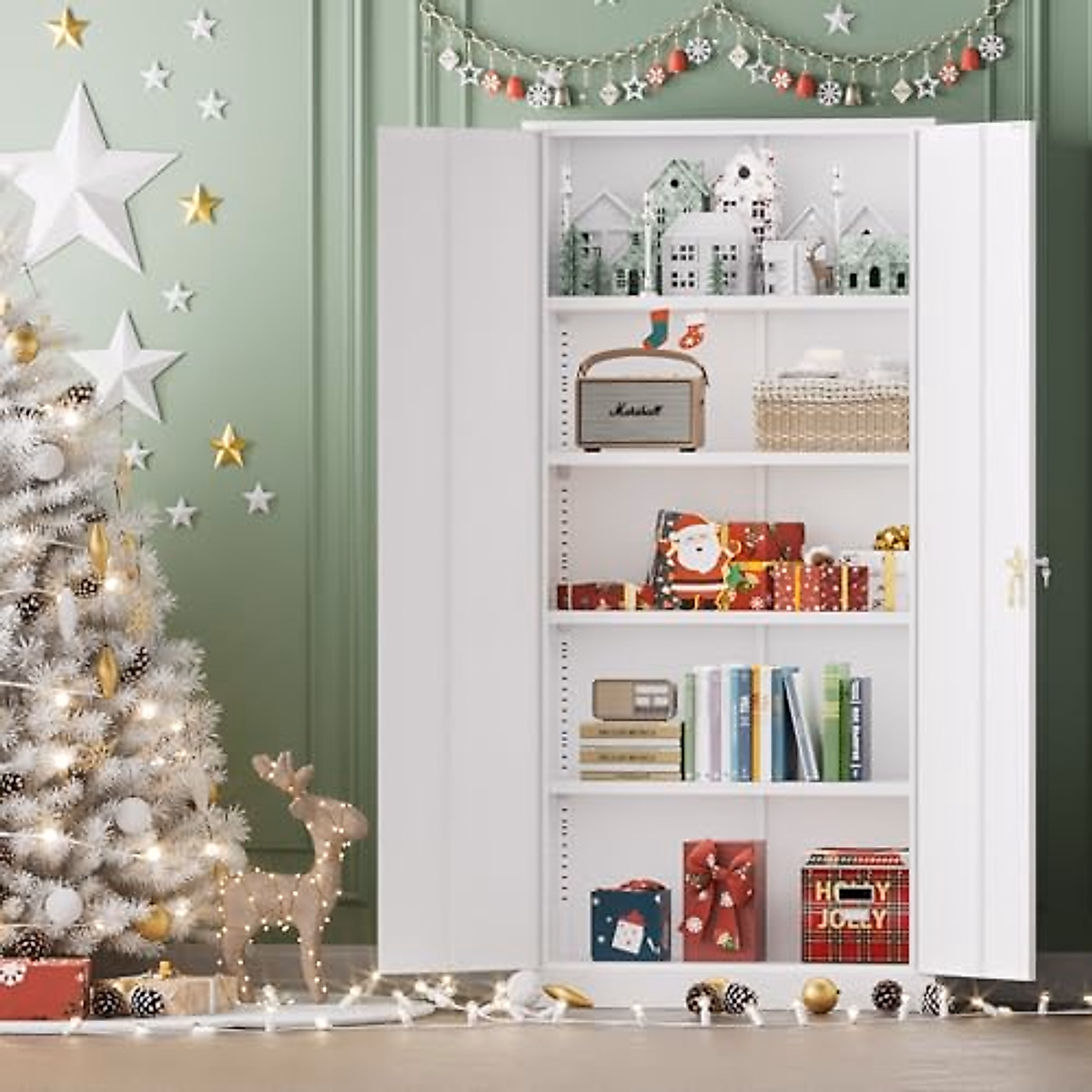 INTERGREAT Metal Storage Cabinet,72" Steel Lockable File Cabinet with Locking Doors and Adjustable Shelves,Locking Tool Cabinets for Office,Home,Garage,Gym,School (White)