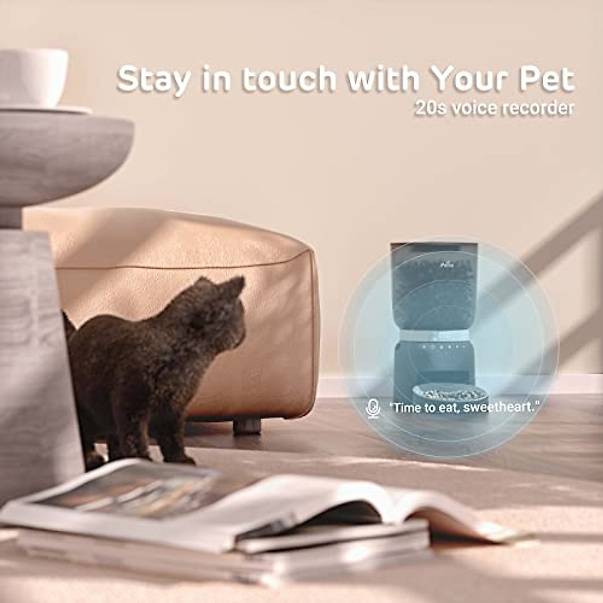 iPettie Hourglass Cat Feeder Automatic with Quickset Remote, 5L/21 Cup Capacity, 1-6 Meals Per Day, 20 sec Voice Recording, Stainless Steel Bowl, Self Feeding Cat Food Dispenser, Auto Cat Feeder