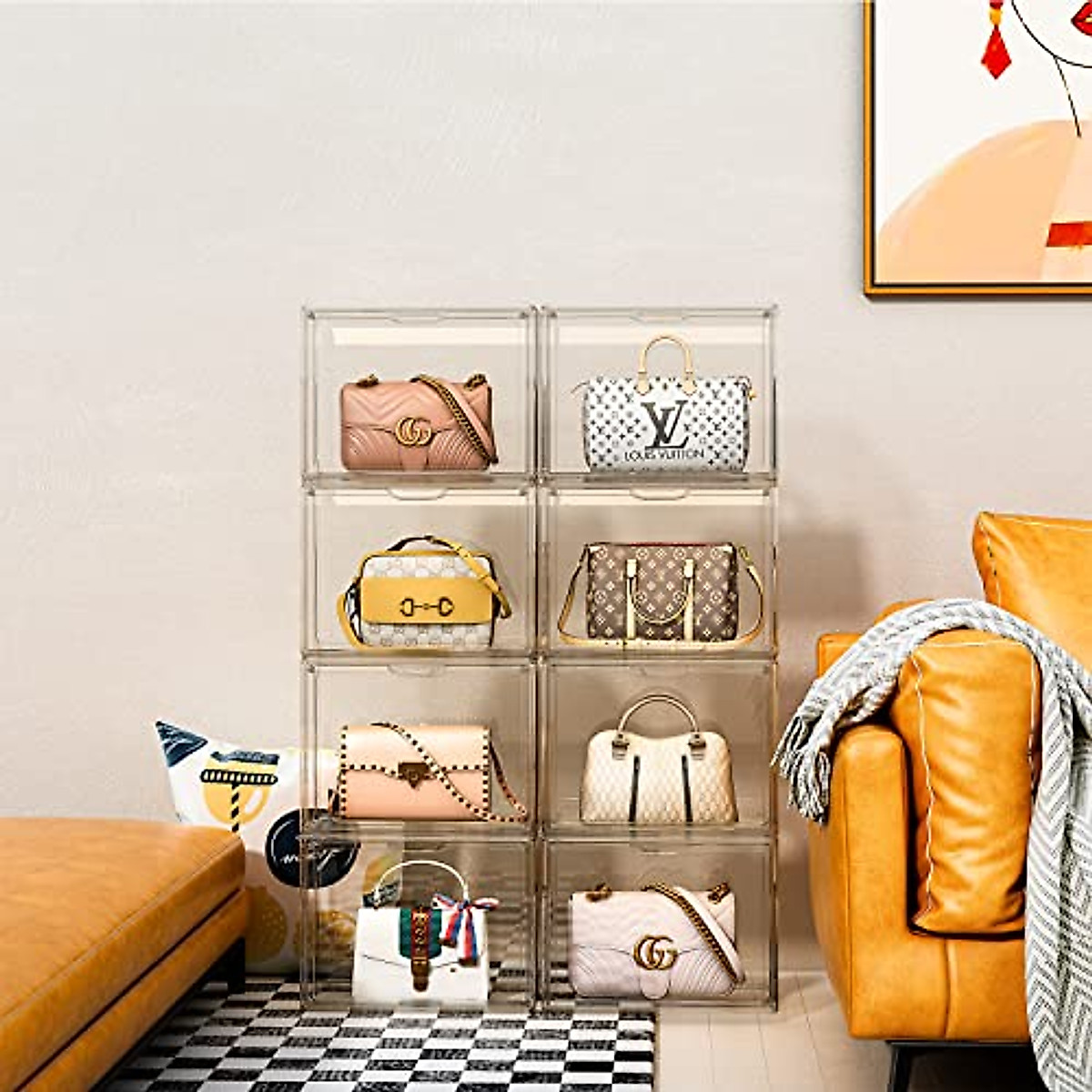Clear Handbag Storage Organizer, 3 Packs Acrylic Display Case for Purse and Handbag Storage Organizer for Closet, Stackable Purse Display Boxes with Magnetic Door for Collectibles, Wallet, Toys…