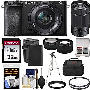 Sony Alpha A6100 Mirrorless Digital Camera with 16-50mm & 55-210mm Lens with 32GB Card + Battery & Charger + Case + Tripod + Filters + Telephoto/Wide Lens Kit